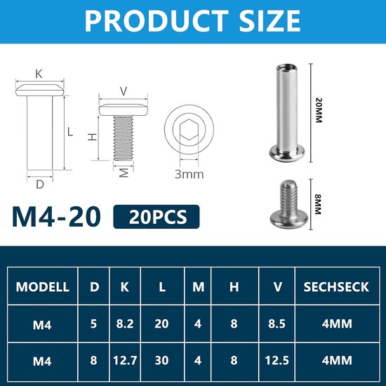 TRANKIELO® – Verbindings- en Meubelschroeven Set (20 stuks, M4 x 20 mm ...