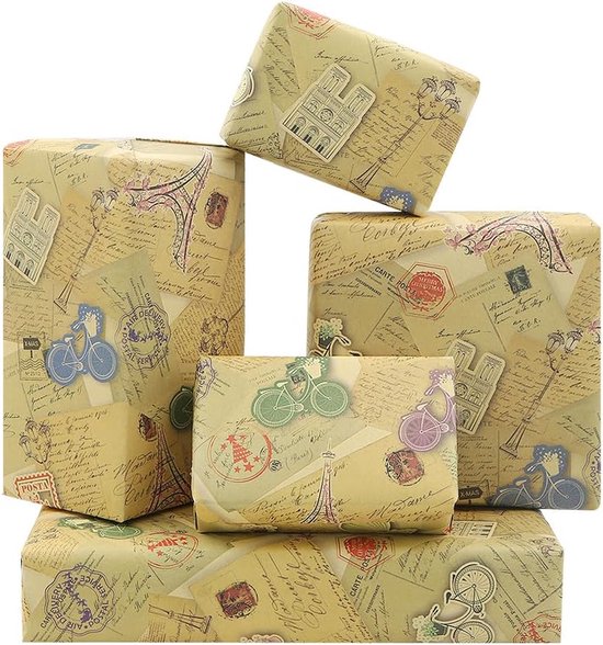 Vintage Inpakpapier - Eiffel Toren - Kerk - Postkaart - Fiets ...