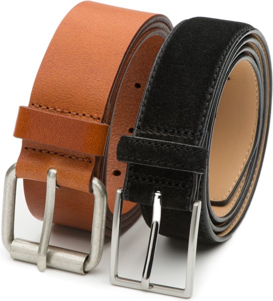 DTCH.FIT Leren & Suède heren riem Max - duo pack - cognac & zwart - 4cm ...