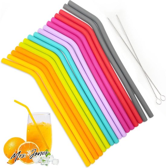 Mrs. Jones 16 stuks herbruikbare siliconen rietjes - kleurrijk bochtig ...