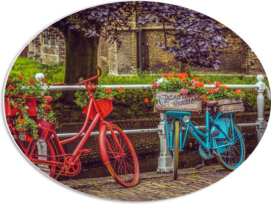 WallClassics - PVC Schuimplaat Ovaal - Rood/Blauwe Fietsen met Bloemen ...