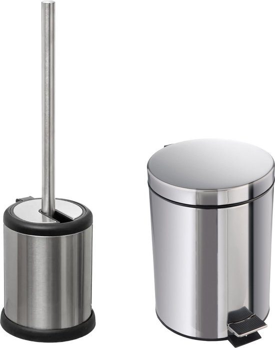 5Five - WC/Toiletborstel houder zilver rvs 39cm en pedaalemmer 5 liter ...