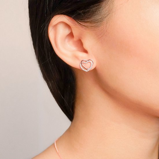 White Basis – Dubbel Hartje Oorknoppen – 18k Rose Goud Verguld Sterling ...
