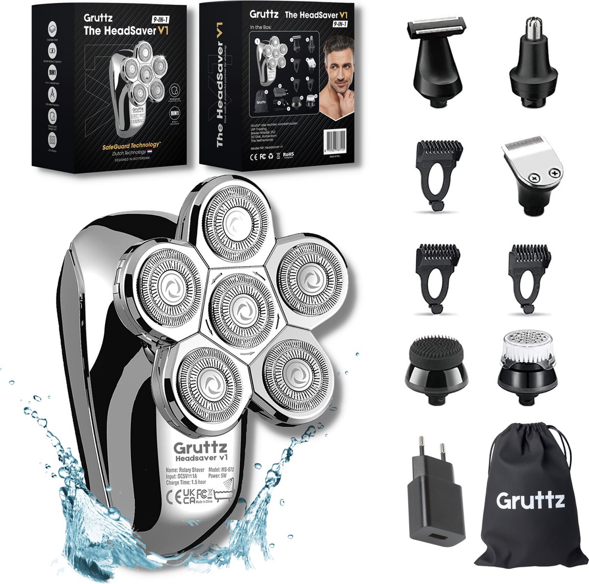 Gruttz - 9-in-1 Scheerapparaat Mannen - Inclusief Adapter - Hoofd Kaal ...