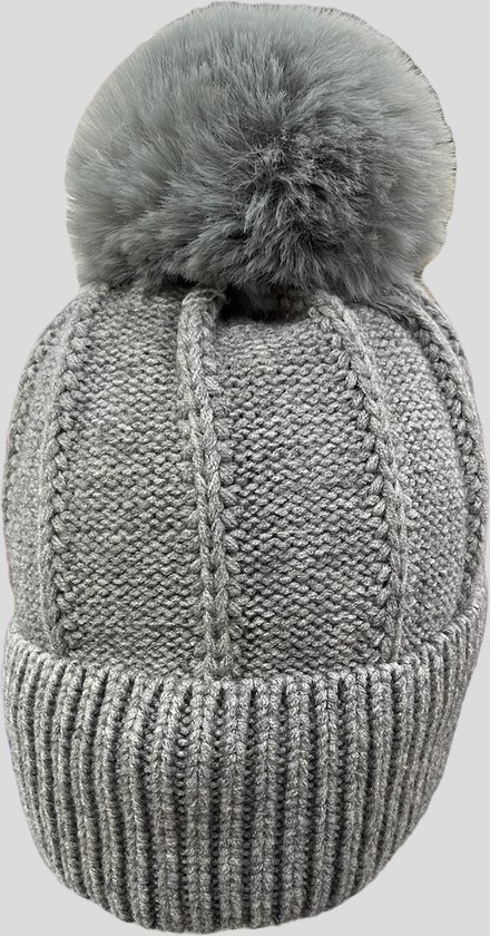 GRIJZE WINTERMUTS DAMES - Dikke warme muts - Gebreide muts met fleece ...
