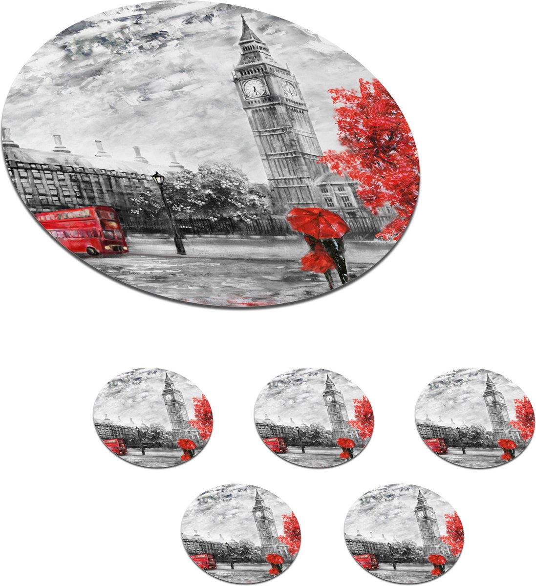 Onderzetters voor glazen - Rond - Schilderij - Big Ben - Rood - Paraplu ...