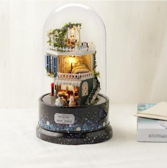 Miniatuurhuisje - bouwpakket - Onder glazen stulp ronddraaiend met ...