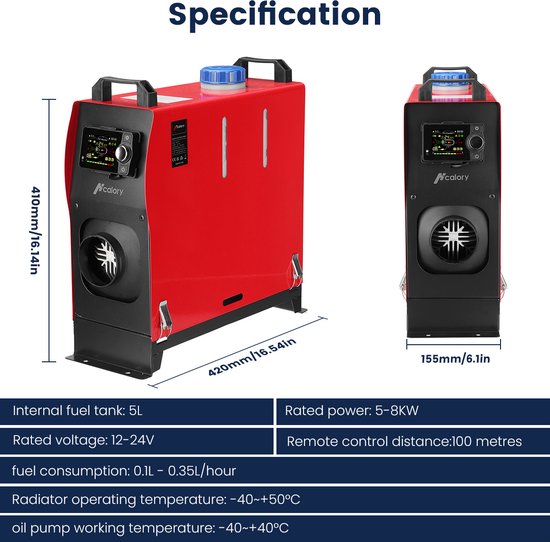 Hcalory Standkachel Met Bluetooth en App bediening 12V 24V 5-8KW - Rood ...