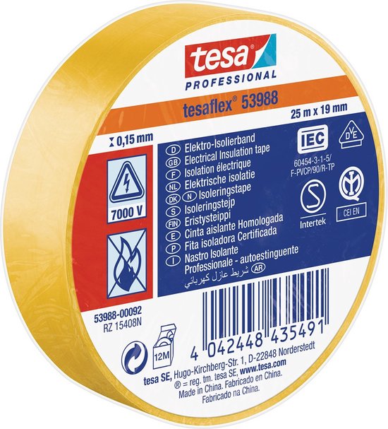Tesaflex elektrische isolatietape geel PVC 19mmx 25mtr | bol
