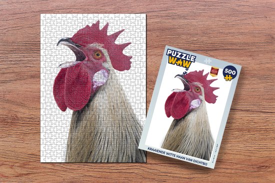 Puzzel Kraaiende witte haan van dichtbij - Legpuzzel - Puzzel 500 ...