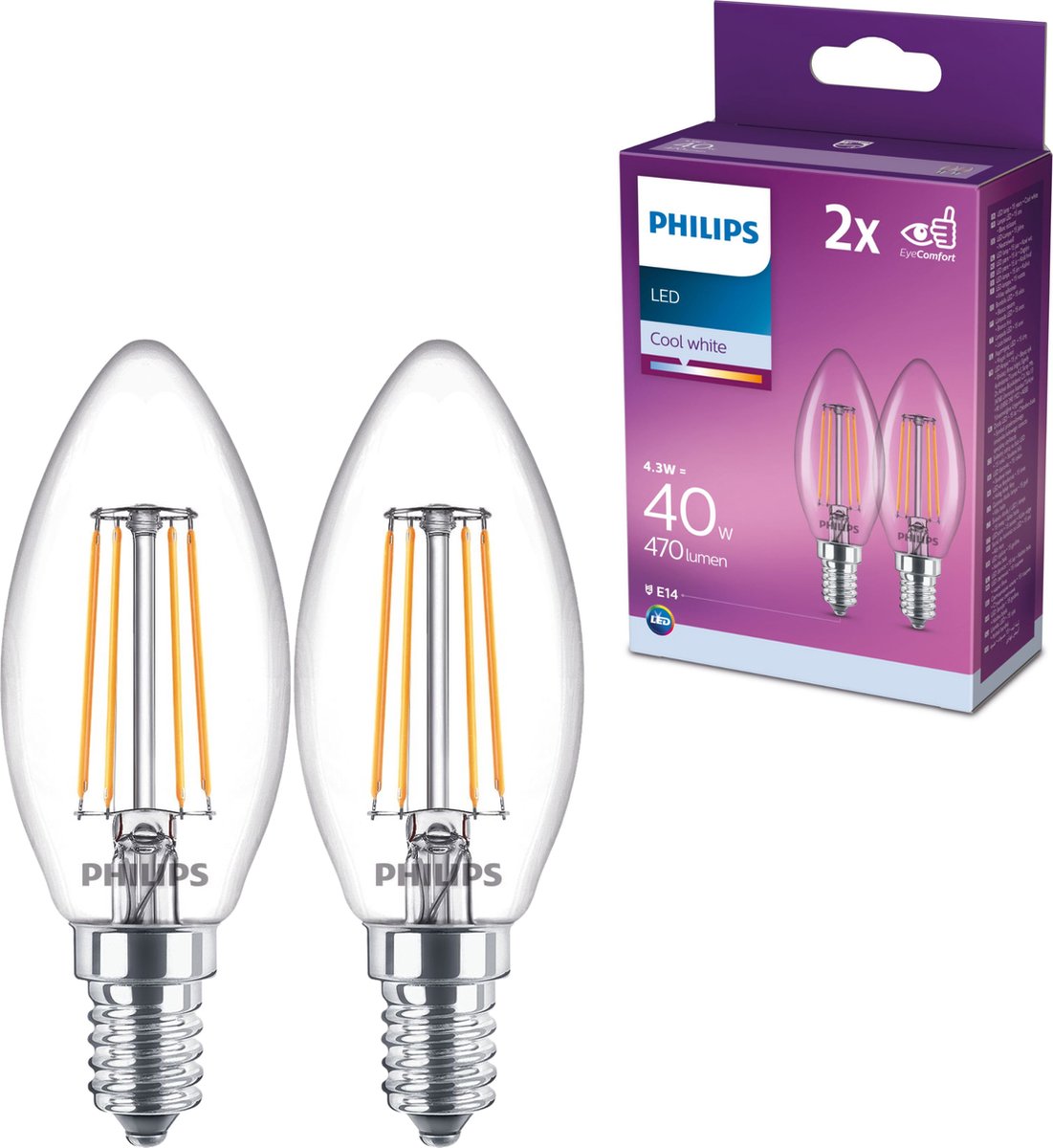 Philips LED Kaarslamp E14 - 4W (40W) - Neutraal wit licht 840 - Filament - 2 stuks | bol.com