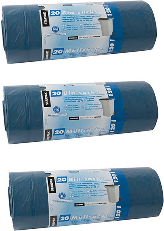 Papstar 60x stuks afvalzakken/vuilniszakken - 120 liter - blauw ...