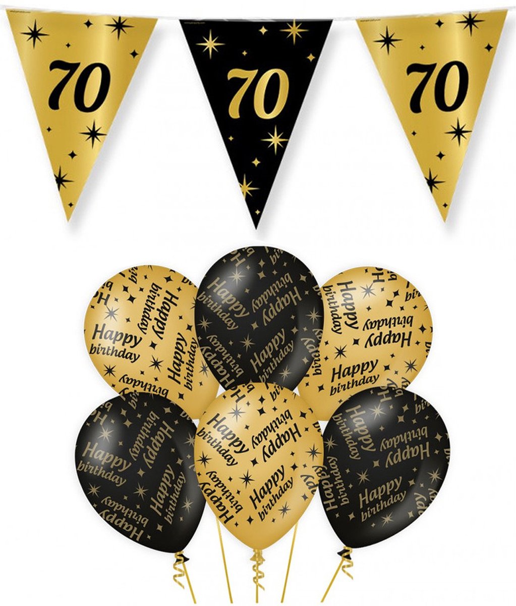 70 jaar verjaardag versiering pakket zwart/goud vlaggetjes/ballonnen ...