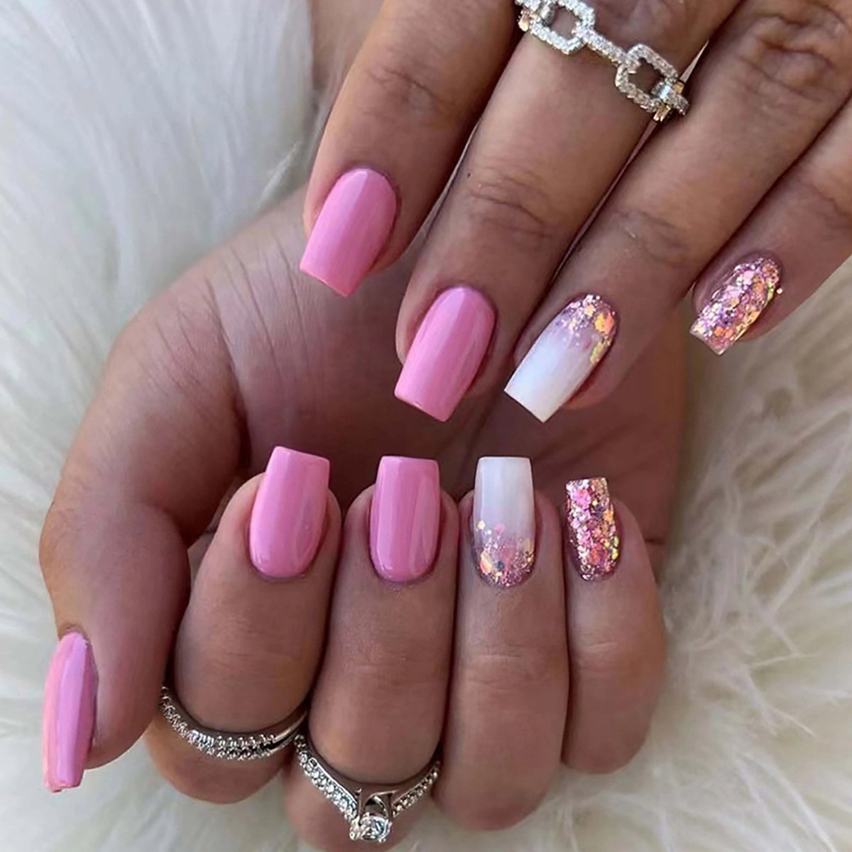 Press On Nails - Nep Nagels - Roze Glitter - Squared Oval - Manicure - Plak Nagels -... | bol.com