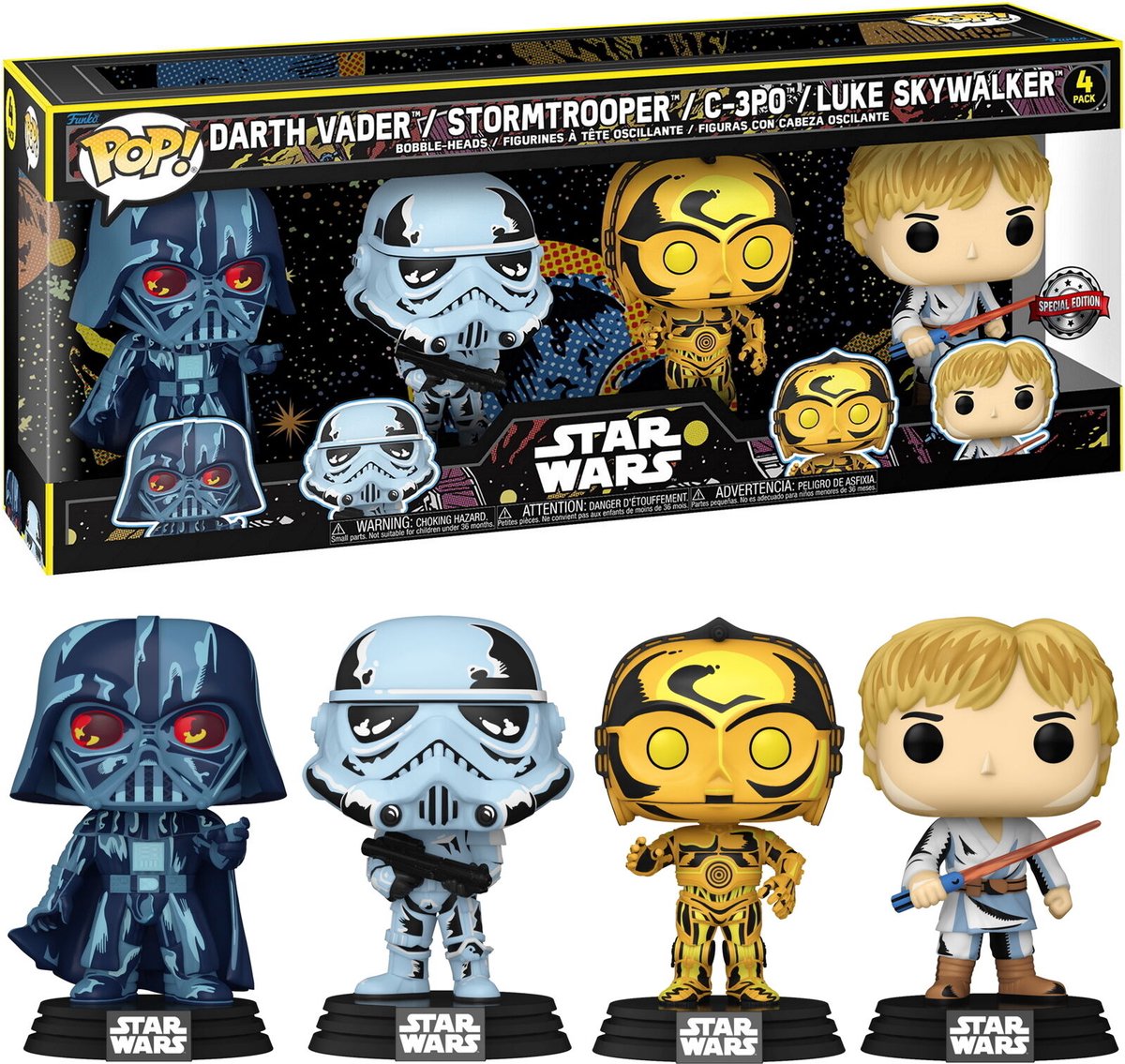 Funko Pop, 4 pack Star Wars - Darth Vader Stormtrooper C-3PO Luke ...