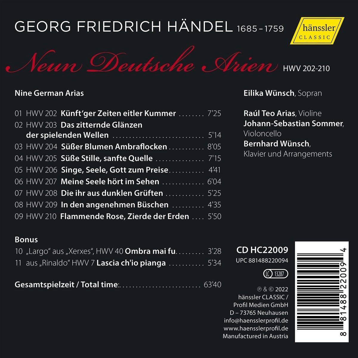 Eilika Wunsch, Raul Teo Arias, Johann-Sebastian Sommer - Handel: Neun ...
