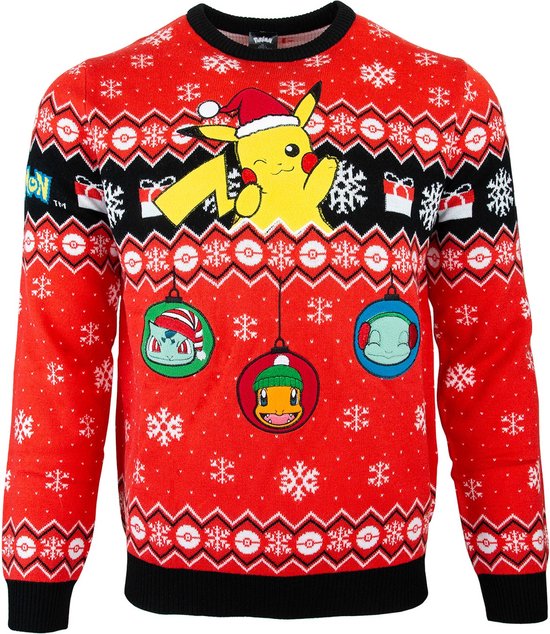 Pokemon kersttrui rood Pikachu met starters - foute kersttrui - maat ...