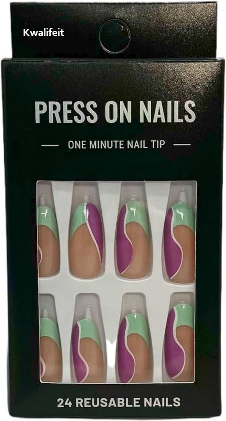 Press On Nails - Nep Nagels - Groen Paars Gestreept - Almond - Manicure ... Press On Nails - Nep Nagels - Groen Paars Gestreept - Almond - Manicure ...