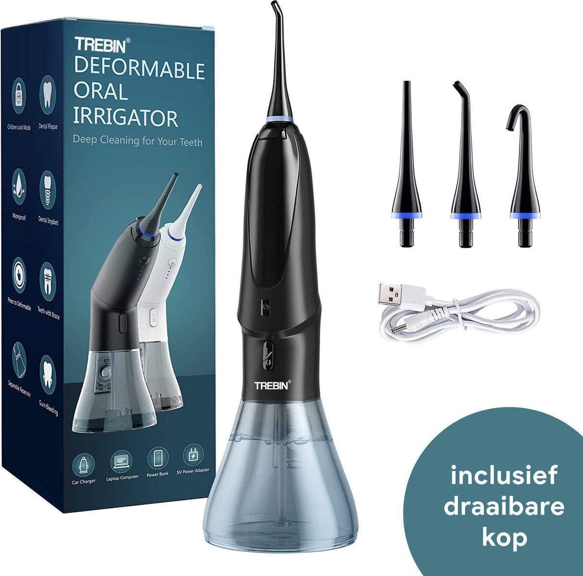 Trebin Waterflosser Draadloos - 360° Graden Draaibare Kop - Waterpik ...