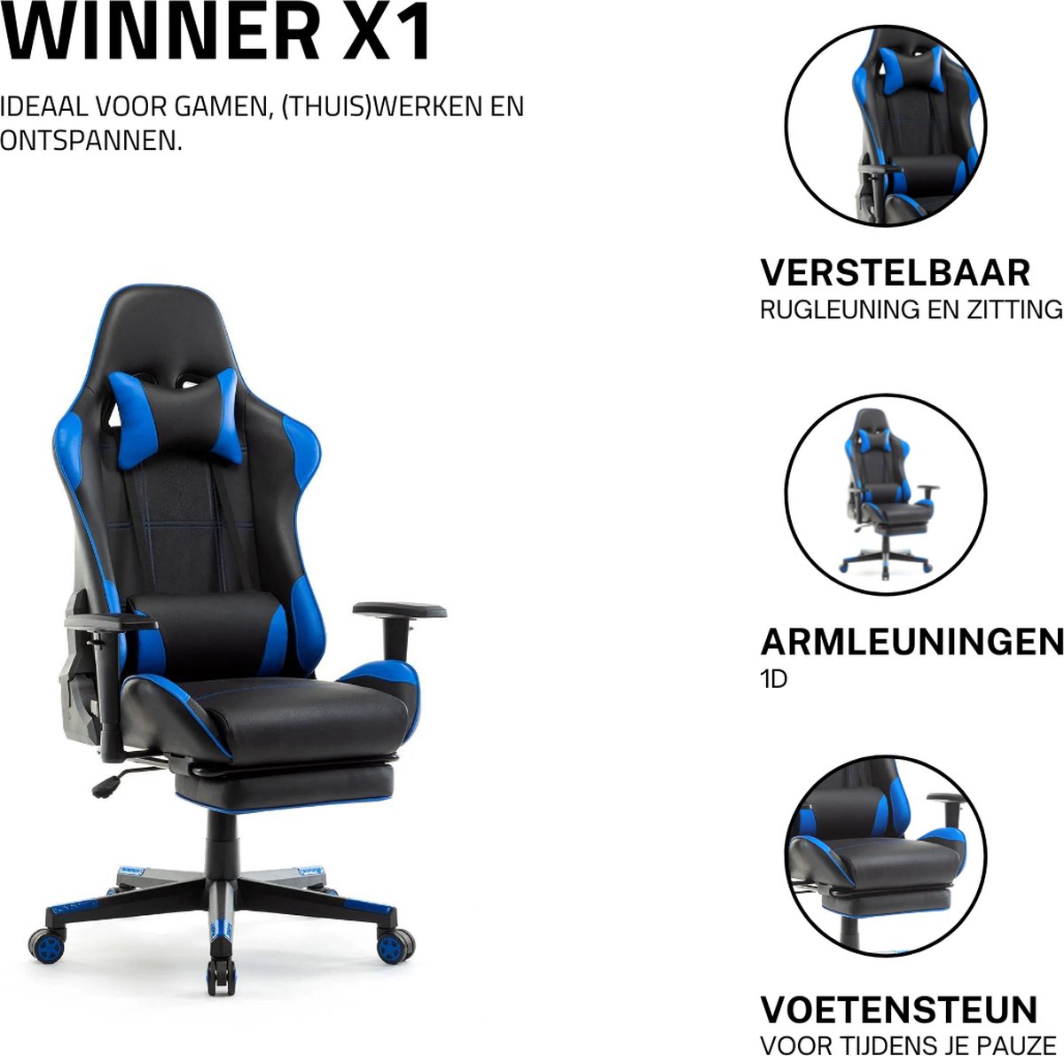 GAME HERO® Winner X1 Gaming Stoel - Gamestoel Met Voetsteun - Blauw ...