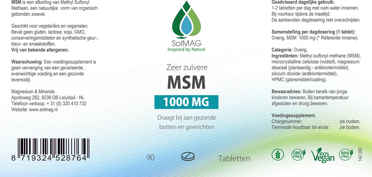 SoLMAG - MSM tabletten - 1000 mg - 90 stuks - Methyl sulfonyl methane ...