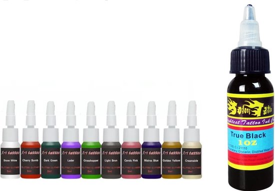 10x 5ml kleuren tattoo inkt + 1x 30ml zwarte tatoeage inkt | bol.com