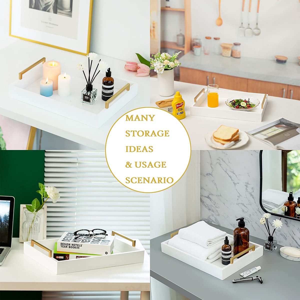 Dienblad met handgrepen, wit hout, decoratief dienblad voor salontafel ...