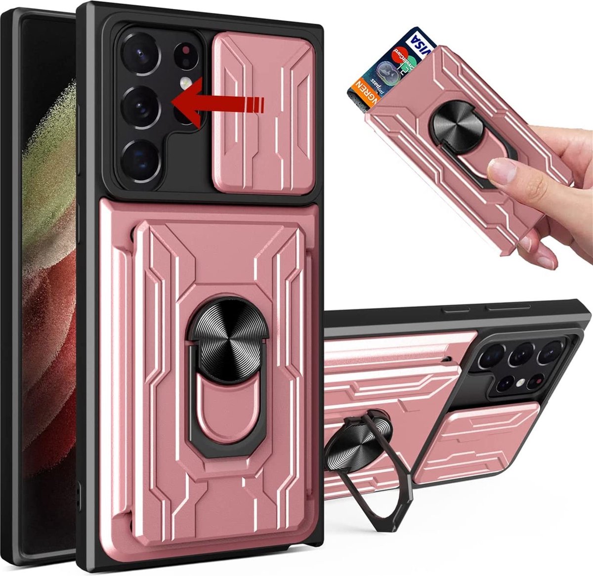 Samsung Galaxy S22 Ultra hoesje met pashouder - camera bescherming cover en ring... | bol.com