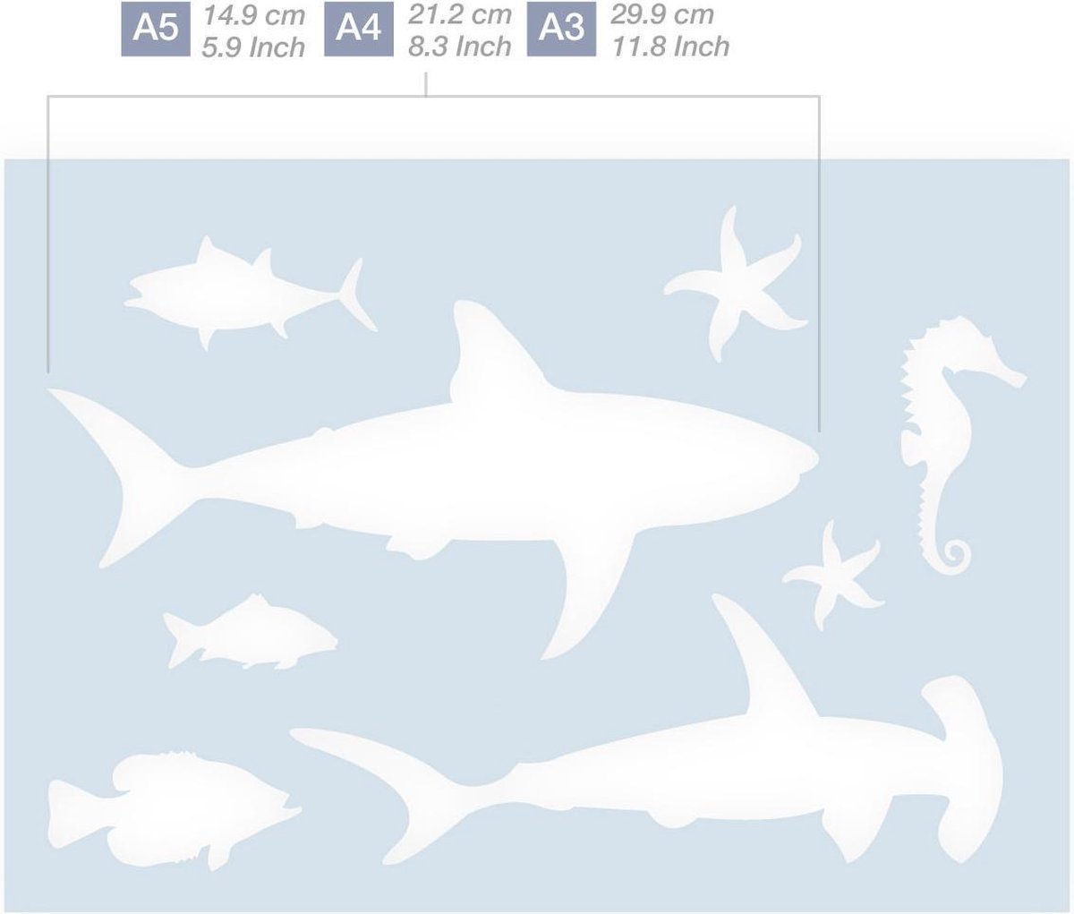 QBIX Zeedieren Sjabloon - A5 Formaat - Kunststof - Vis, Haai, Zeester ...