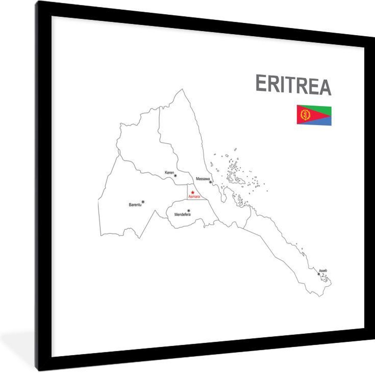 Fotolijst incl. Poster - Witte tekening van de kaart van Eritrea ...