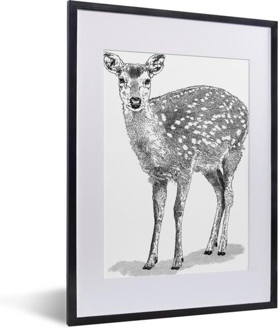 Fotolijst incl. Poster - tekening van een eenzame ree - 30x40 cm ...