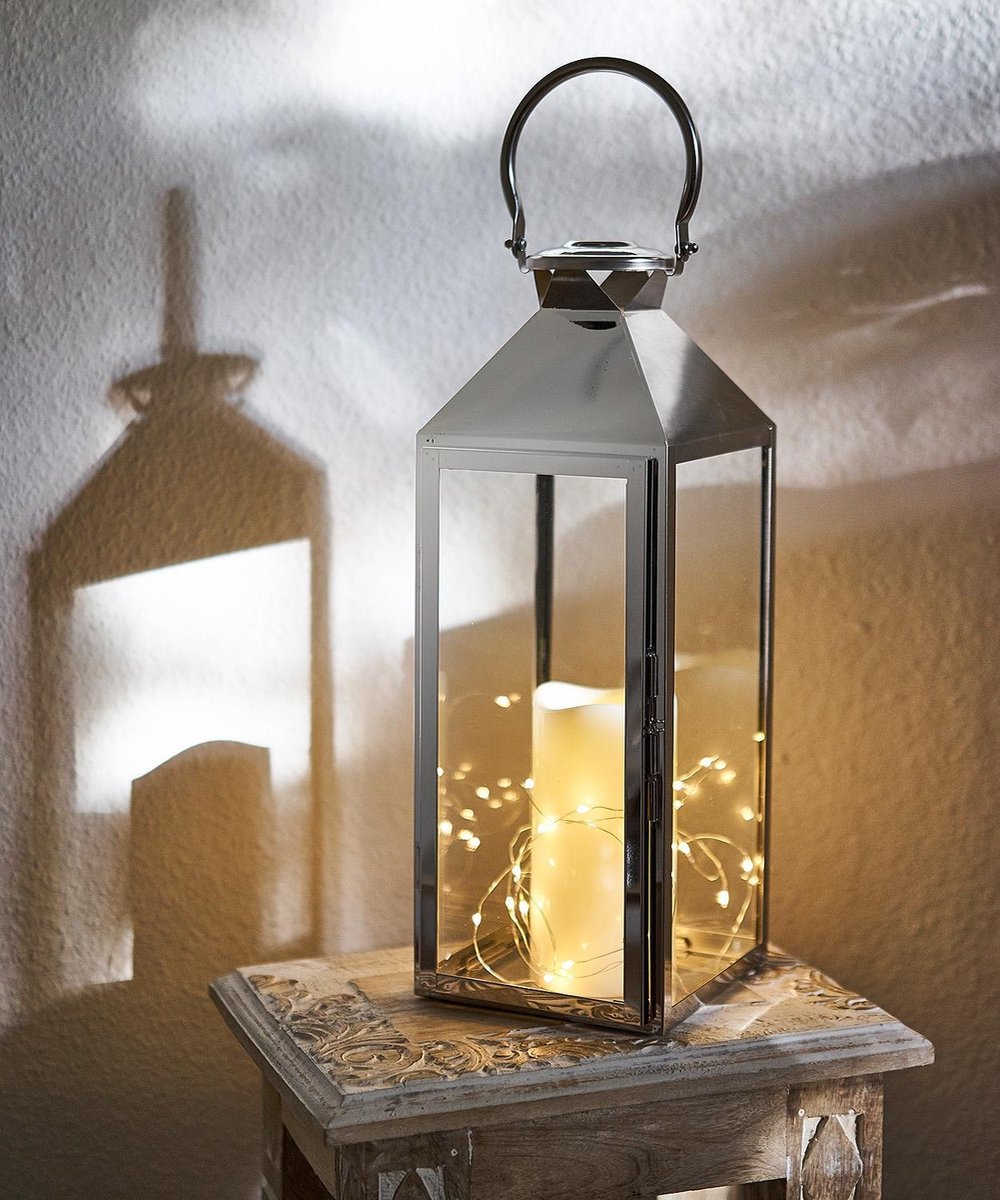 GoodVibes - RVS Lantaarn met LED-verlichting 15x14x40cm | bol.com