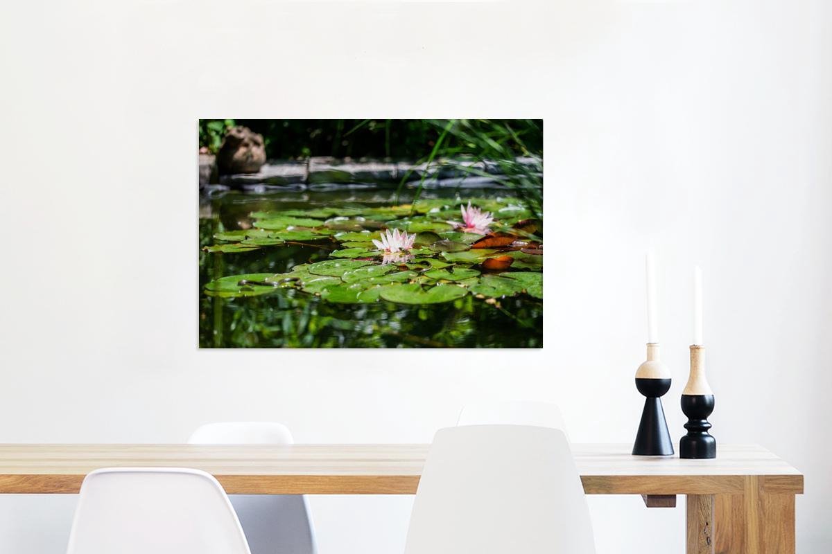 Canvas Schilderijen - Slang op waterlelies in een vijver - 90x60 cm - Wanddecoratie | bol.com