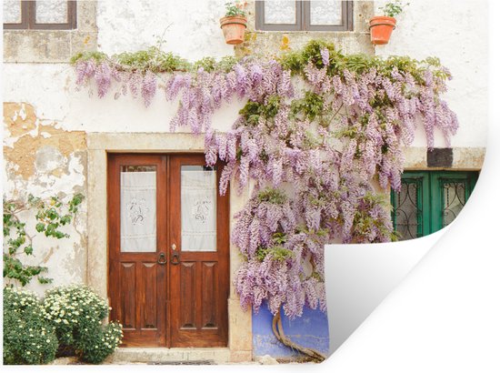 Muurstickers - Sticker Folie - Klimplant met roze bloemen op de huizen ...