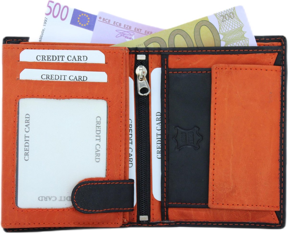 Heren Portemonnee Leer Zwart/Oranje - Billfold Staand - Heren & Dames ...