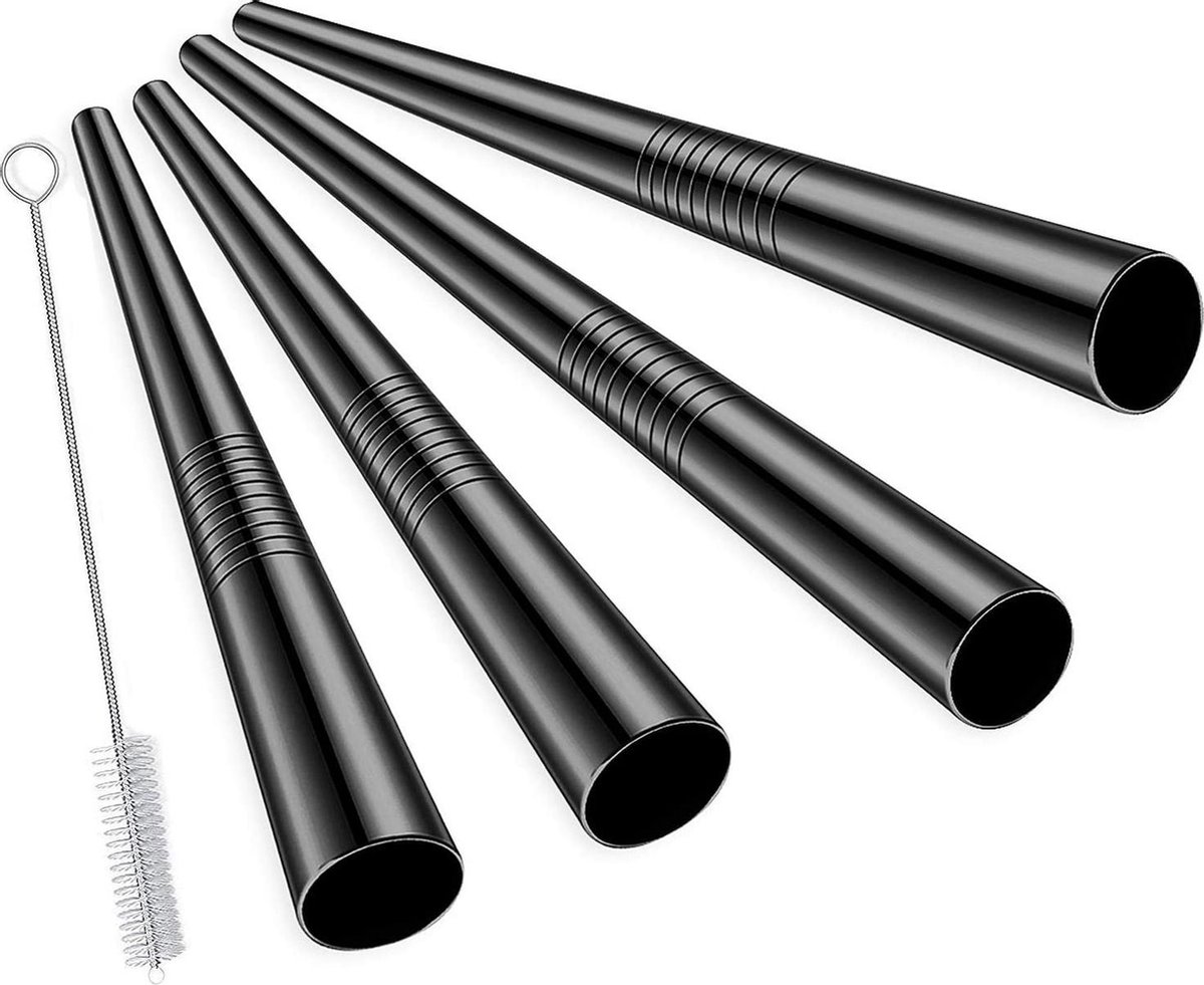 4x Herbruikbaar RVS Bubble Tea Jumbo Rietje Zwart met Linnen Opbergzak ...