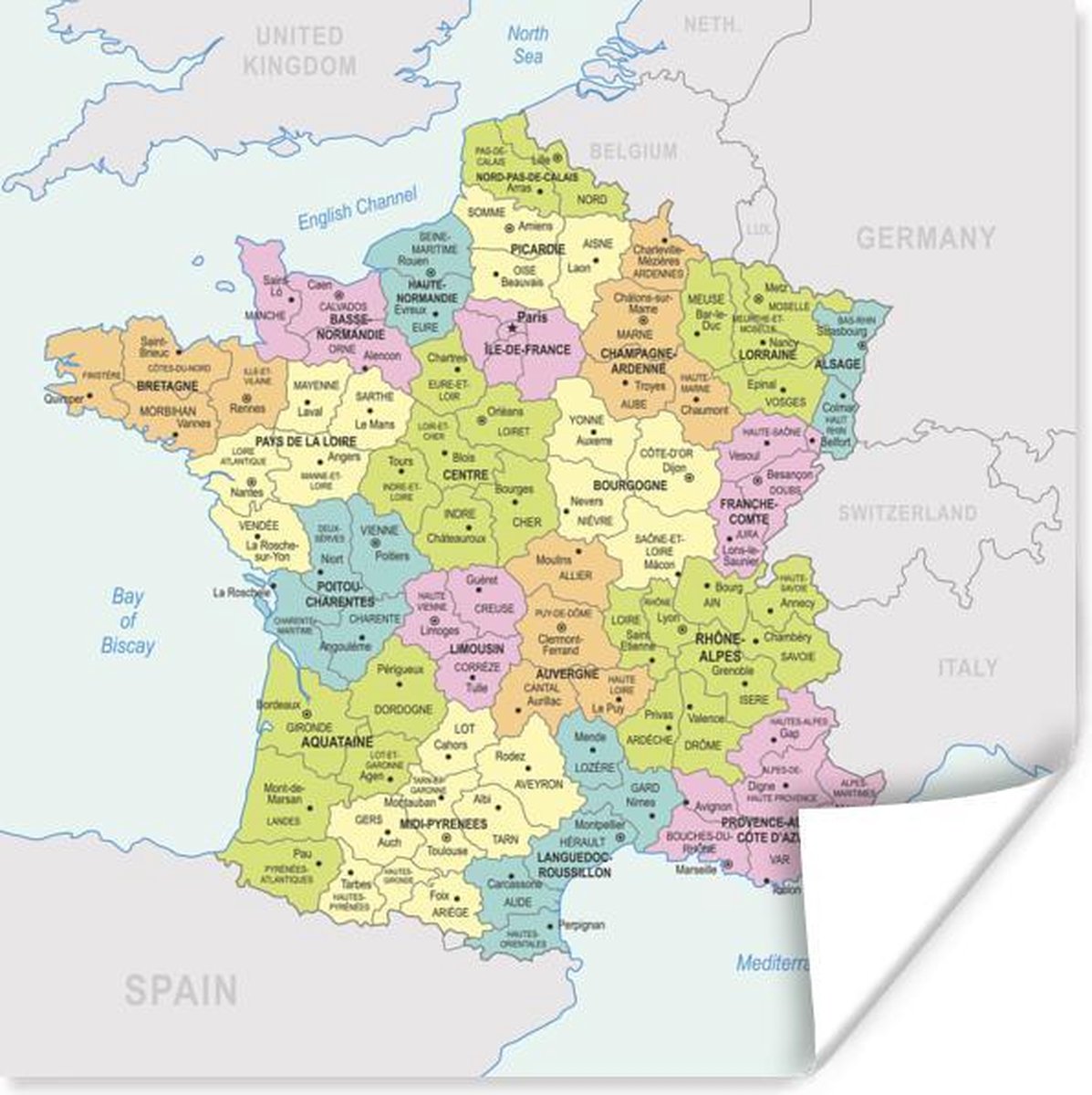 Kleurrijke kaart van Frankrijk 30x30 cm - Foto print op Poster ...