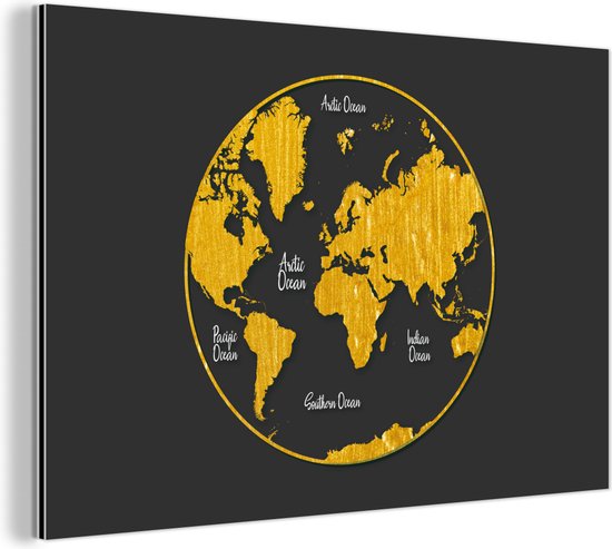 Carte du monde ronde et dorée sur fond gris Aluminium 120x80 cm | bol.com