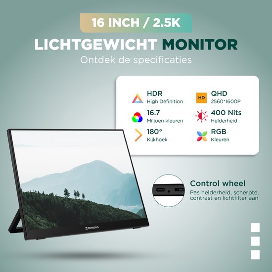 Remodius® Portable Monitor 16 Inch + Sleeve – Ultradunne 2.5K Draagbare ...