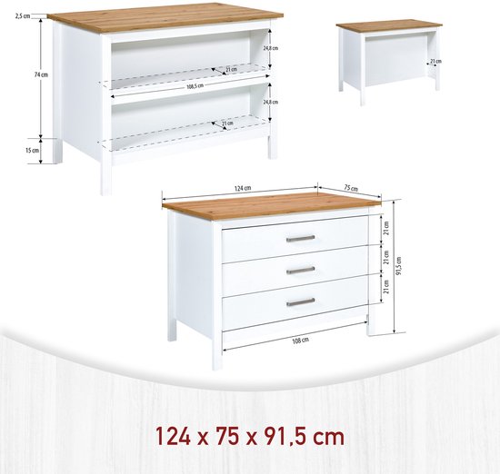 Interlink - kookeiland Piazza wit /eik met 3 laden - 124x75cm | bol