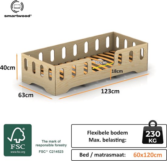 Montessori Kinderbed Roze 60x120 met Valbeveiliging - FSC Hout en ...