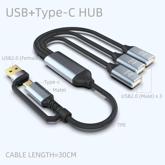 USB Splitter Y-kabel 1 voet, 2-in-1 USB A en USB C expander hub, multi ...
