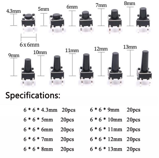 Inovra Plus - Micro Tactile Pushbutton Switch Assortiment Kit met 200 stuks -... | bol