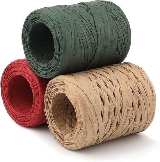 3 Rolls Raffia Paper Ribbon Christmas, 100m Raffia Ribbon Roll for Gift ...