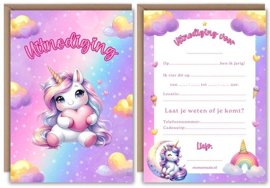 Uitnodiging Kinderfeestje Unicorn Hartje - 10 kaarten met Enveloppen -... | bol