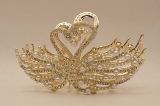 Haarklem goud 2 zwanen met zilveren strass steentjes en kunstparels ...