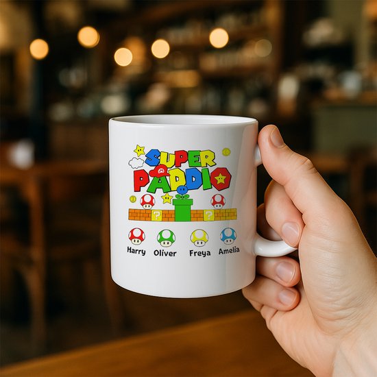 Super Paddio Mok – Gepersonaliseerde Gamer Papa Beker met Namen van ...