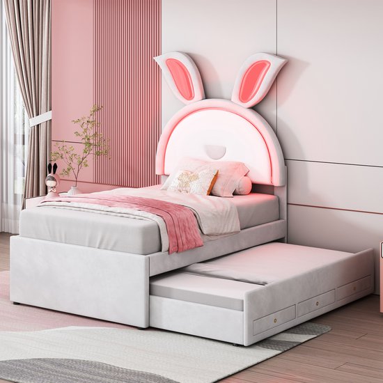 Kinderbed gestoffeerd bed 90 x 200 cm - slaapbank met uitschuifbaar bed ...