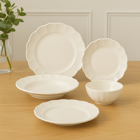 Mevaz Lotus 24-delige Dinnerset – Elegant Wit Servies met Bloemvormige ...