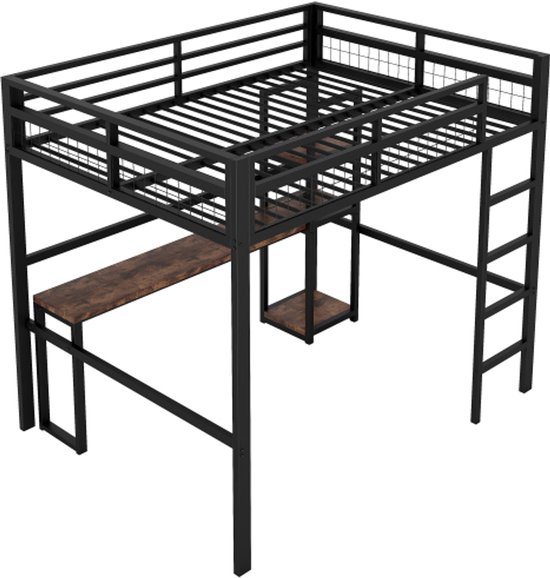 Hoogslaper, 140 x 200 cm, ijzeren frame, meerdere legplanken, bureau ...